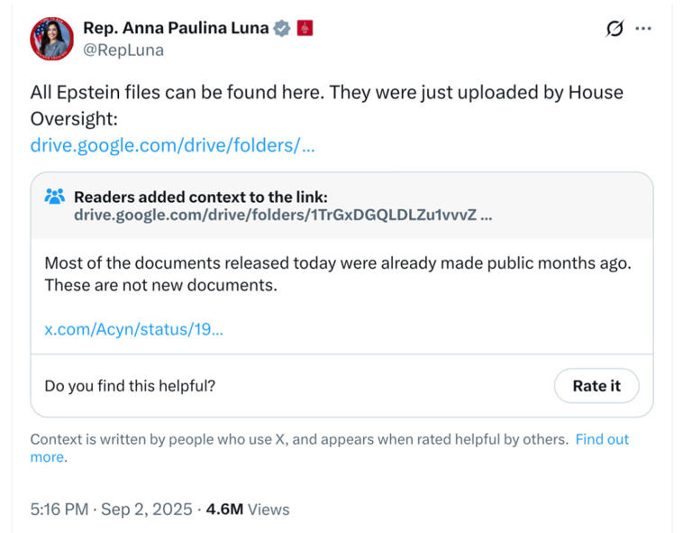 Anna Paulina Luna’s Epstein Files Tweet Hit With Community Note
