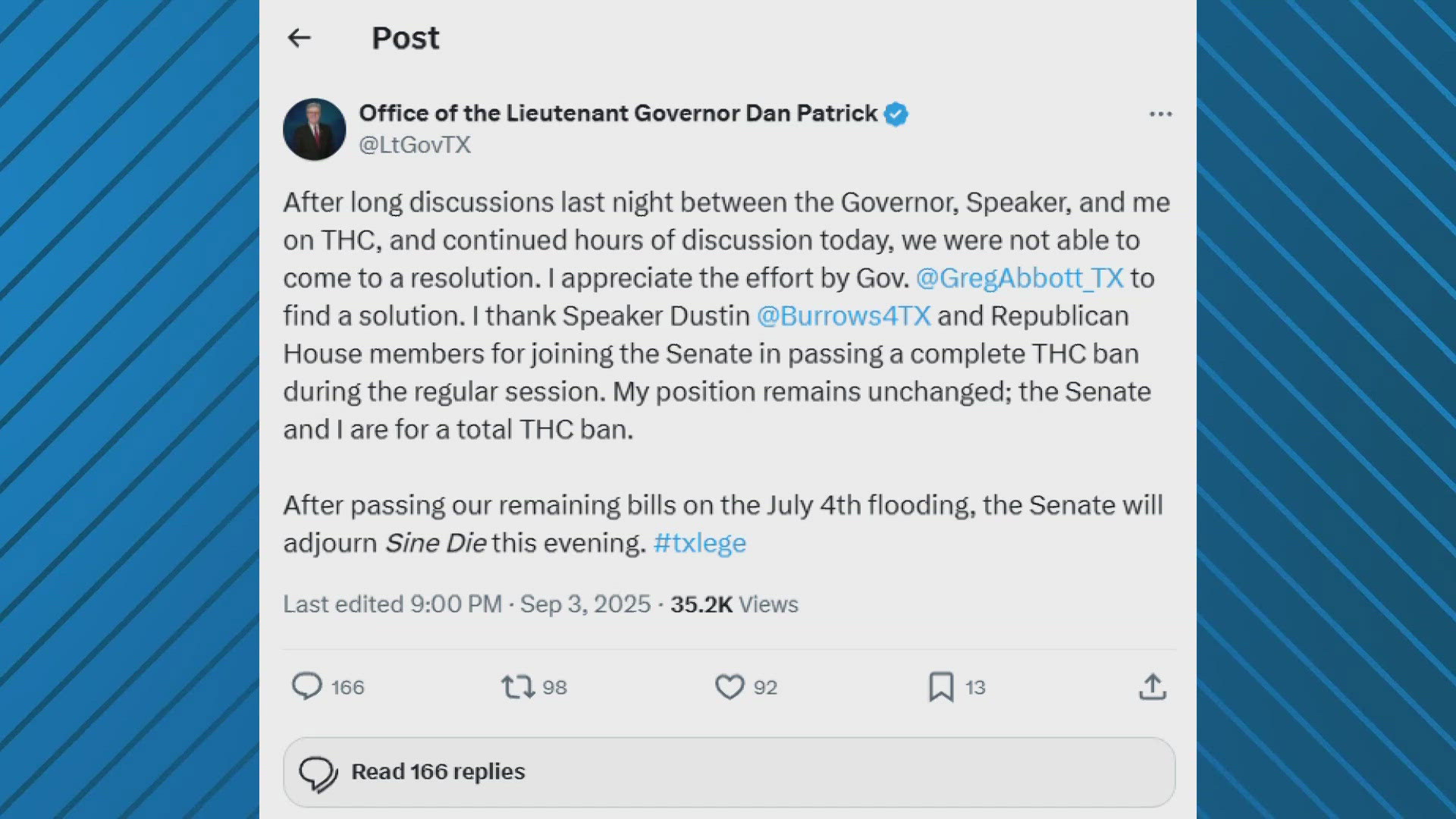 Dan Patrick declares total THC ban bill is dead in Texas Senate