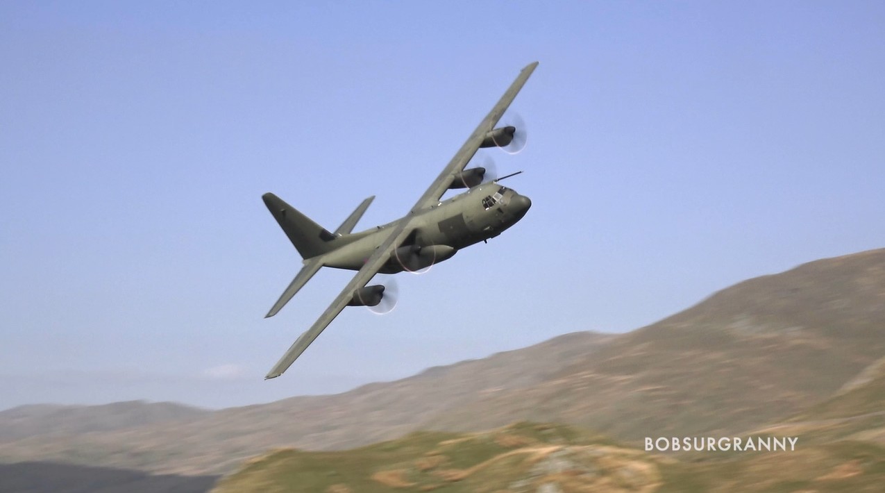 RAF C-130 Hercules Low-Level Flyby Through Narrow Valley