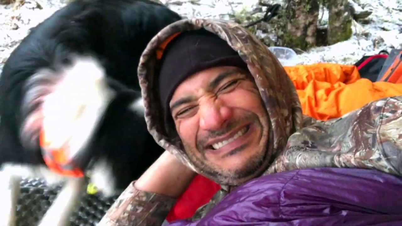 Winter Camping in the snow: Tarp, quilt and dog