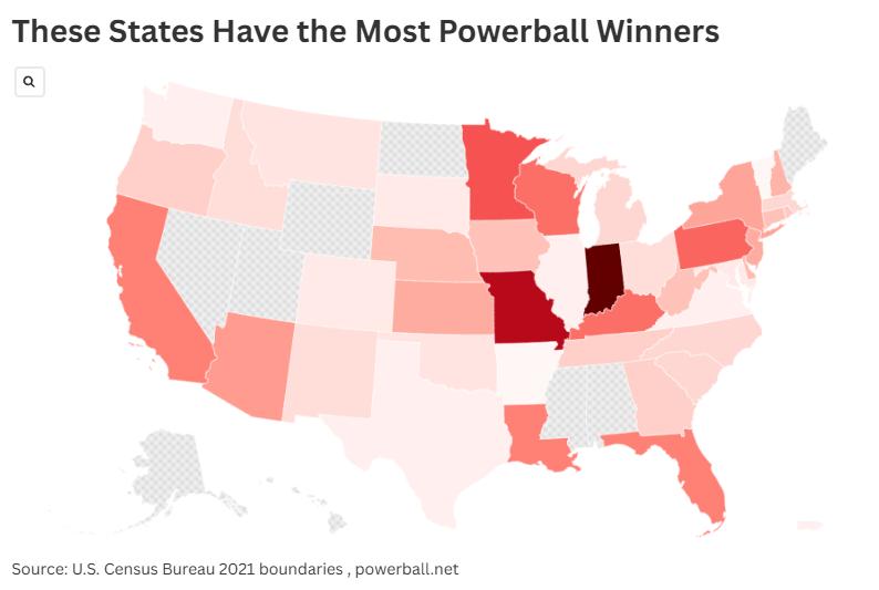 Map shows states with most Powerball winners as jackpot hits $1.7B
