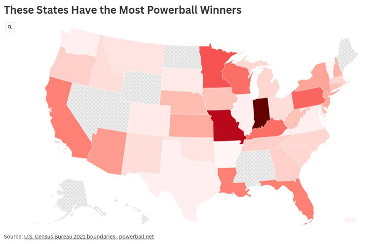 Map shows states with most Powerball winners as jackpot hits $1.7B