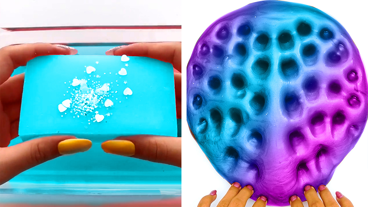 Slime azul violeta y cubo gel brillante | ASMR