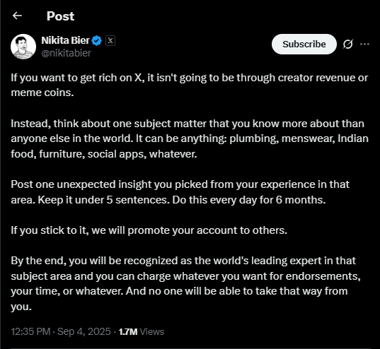 Want to get rich on X? Product Head Nikita Bier says post daily for 6 ...