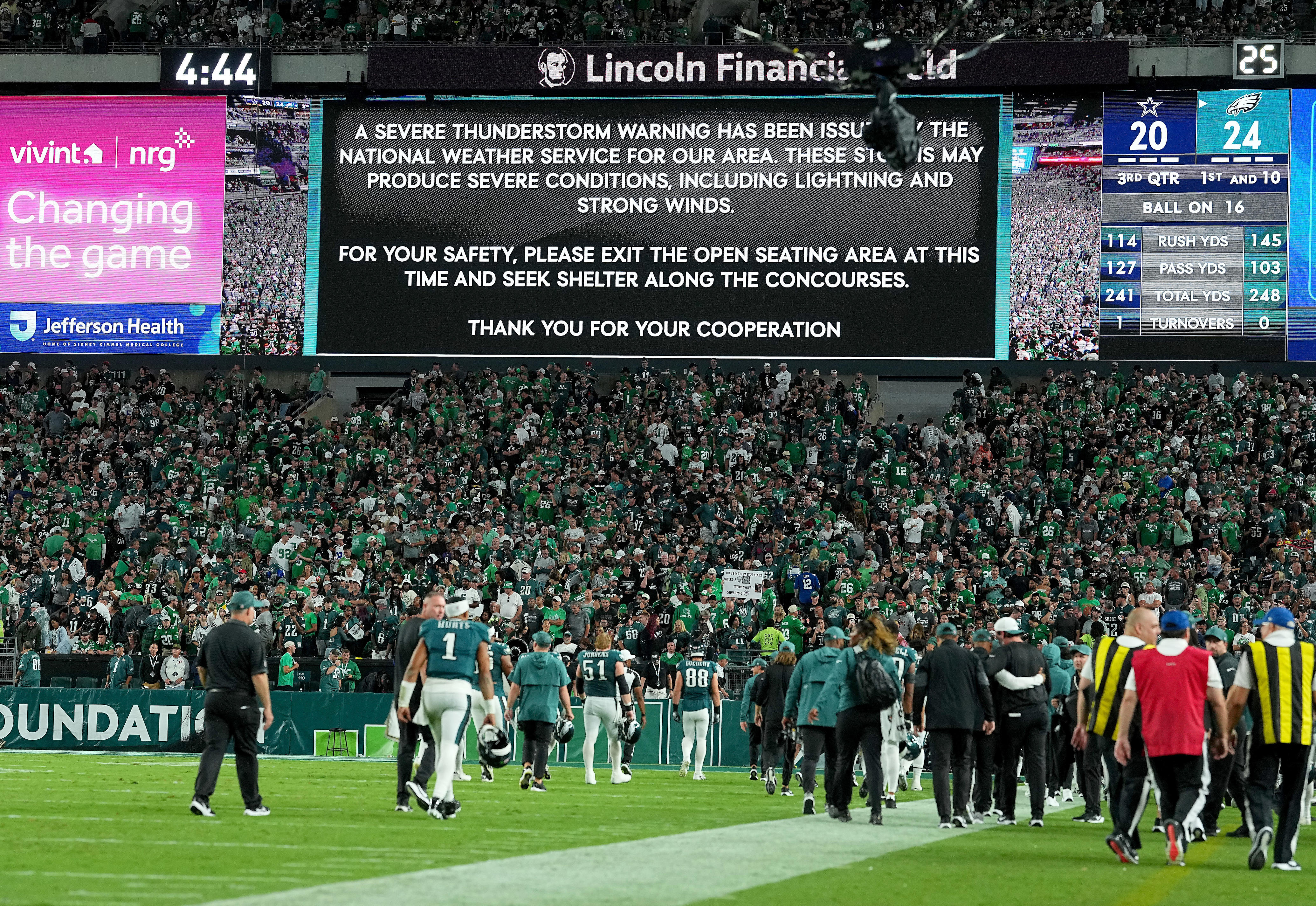 Eagles-Cowboys game suspended for more than an hour due to lightning