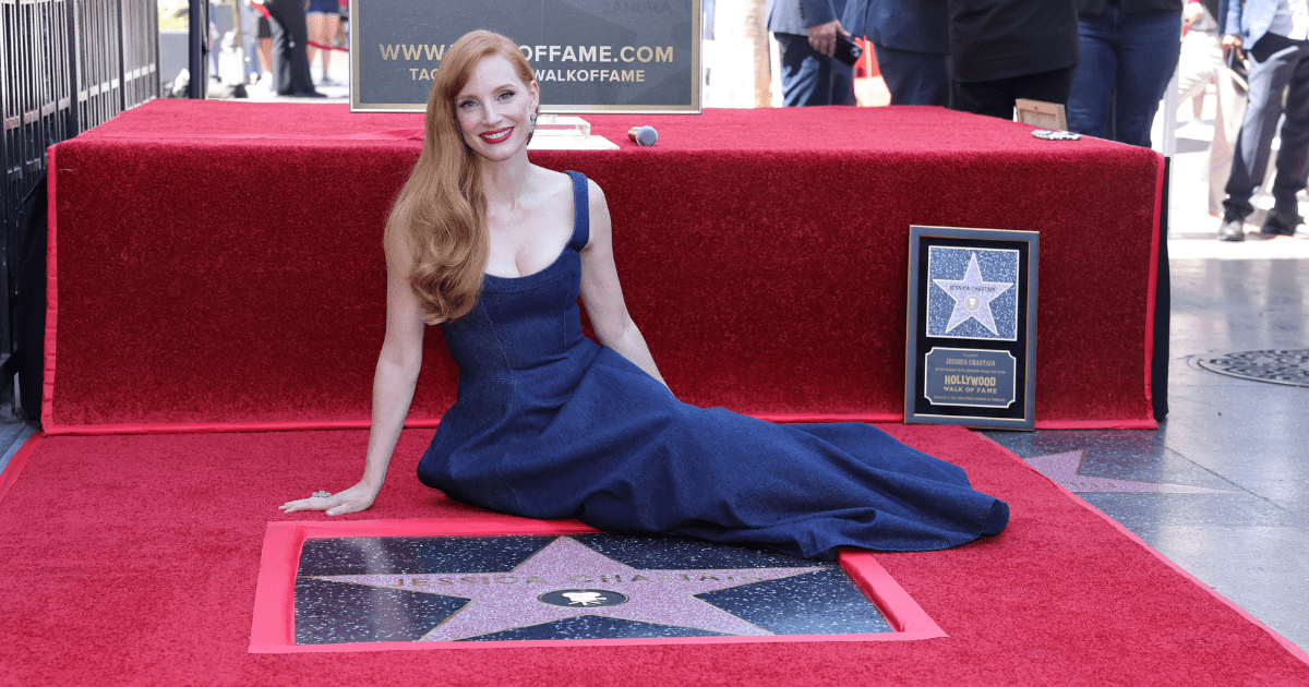 Jessica Chastain Reverses Tradition in Denim Dress for Walk of Fame Photos