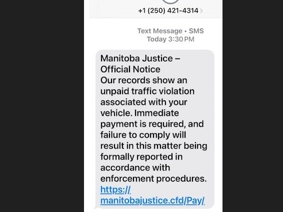 Fake fine payment texts target Manitobans