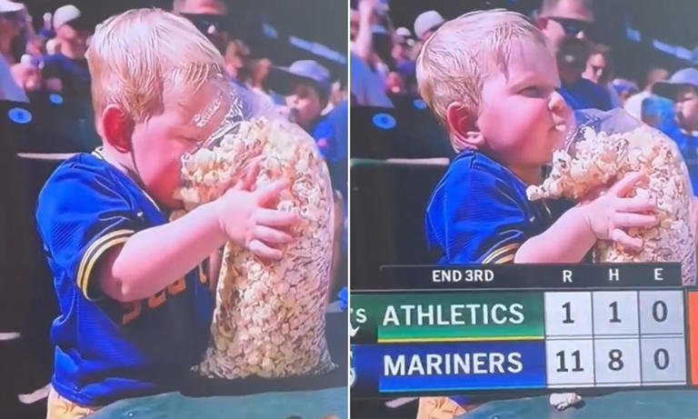 Young Mariners fan BURIES his face into popcorn as clip of epic moment ...