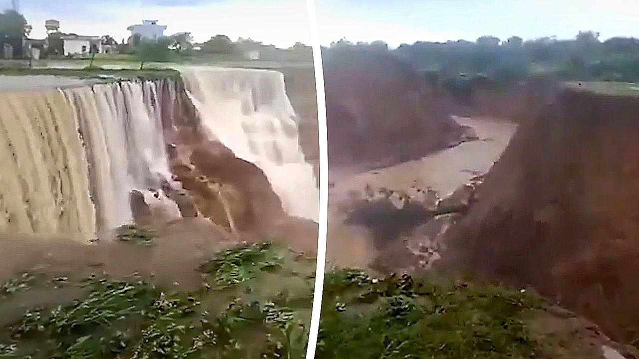 Overflowing dam creates 55-foot-deep crater in Rajasthan, India