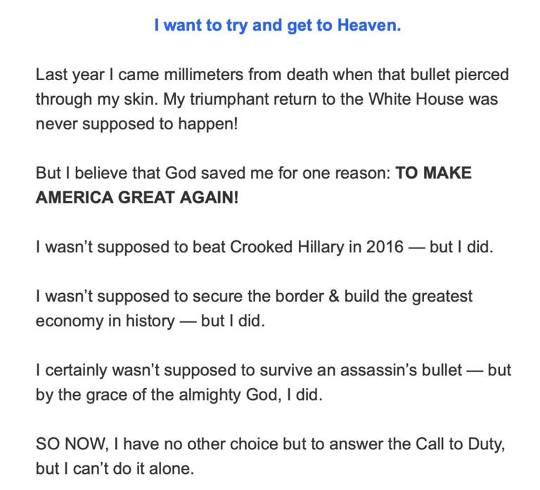 Trump Now Fundraising Off His Desire to Get Into Heaven: ‘God Saved Me ...