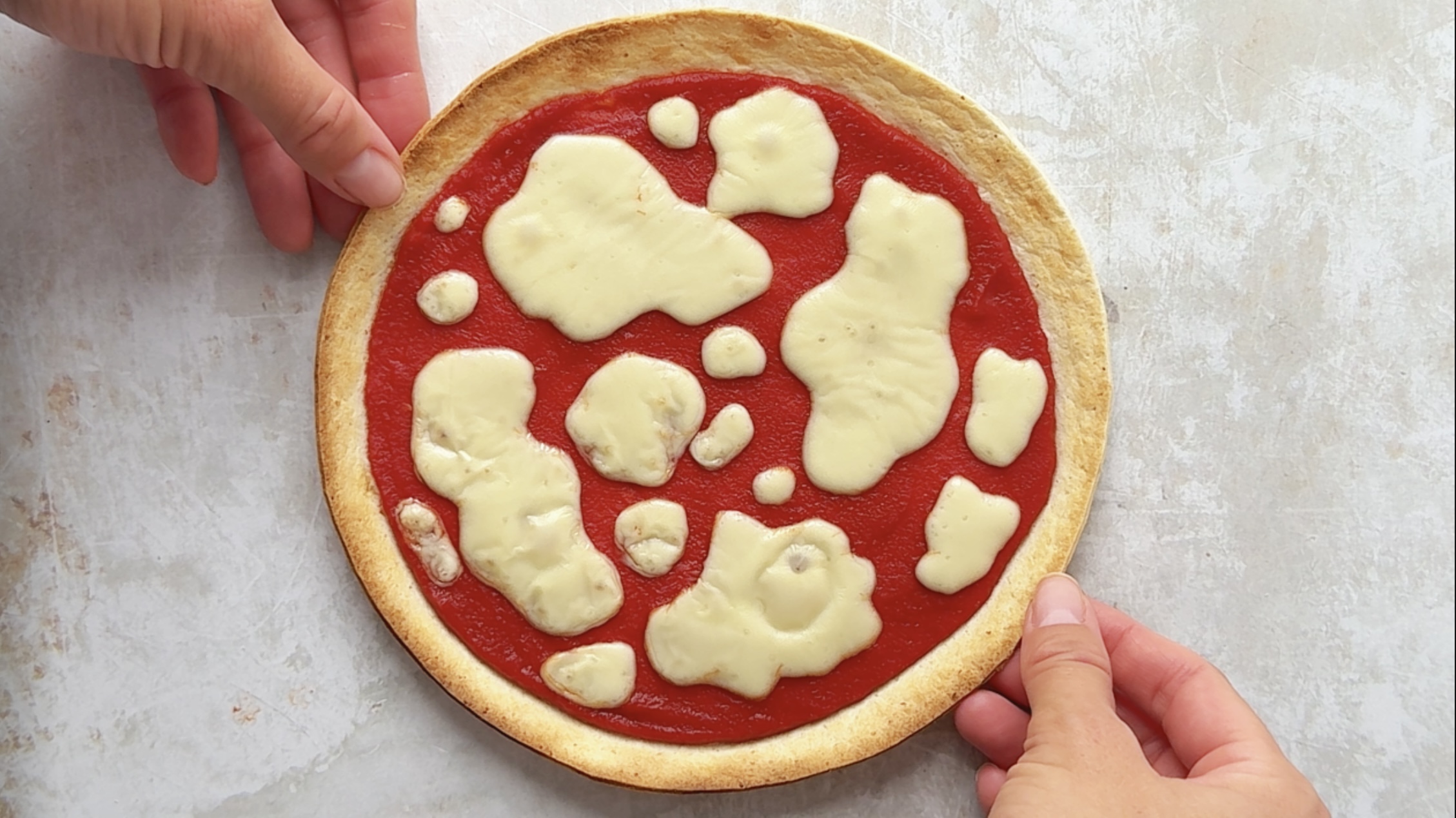 Cow print pizza, fun tortilla pizza
