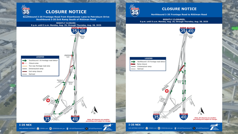 Nightly lane closures: Northbound and Southbound I-35 Frontage Roads at Loop 410