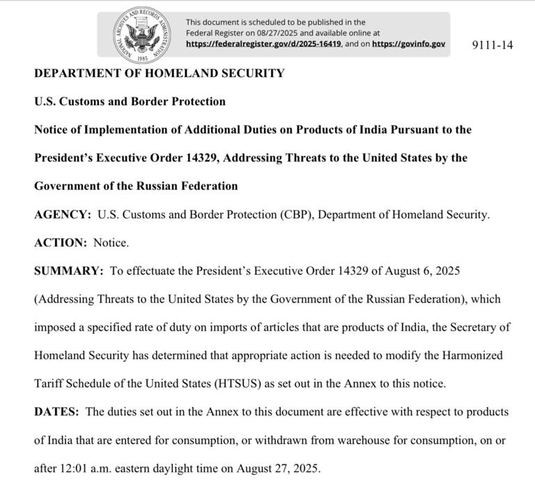 US ने जारी की भारत पर 25% अतिरिक्त टैरिफ की अधिसूचना, 27 अगस्त की ...