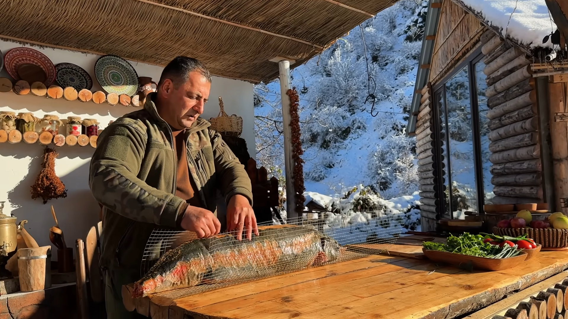 Giant sturgeon roasted under a barrel