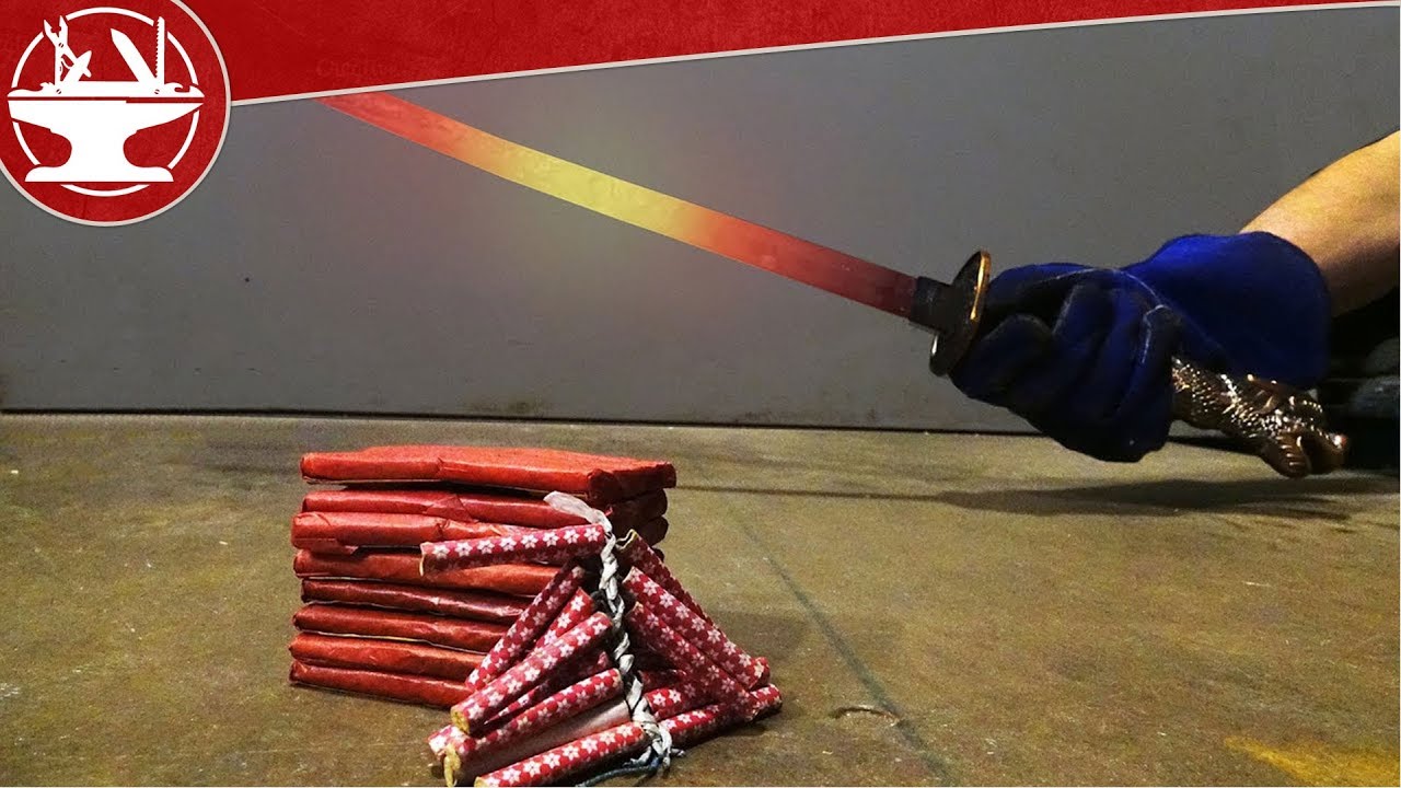 1000° glowing sword vs. firecrackers - slow-mo destruction!