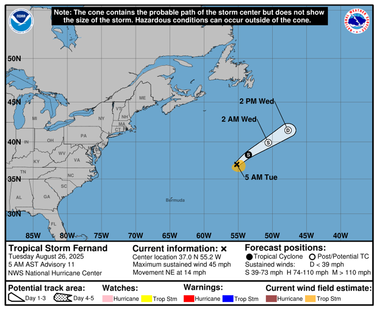 Maps show Tropical Storm Fernand's path and forecast in Atlantic