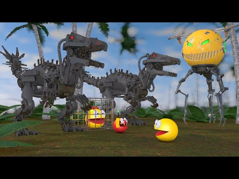 Pacman and Flying Triped Robot Pacman vs Red Evil Pacman and Velociraptor Robots