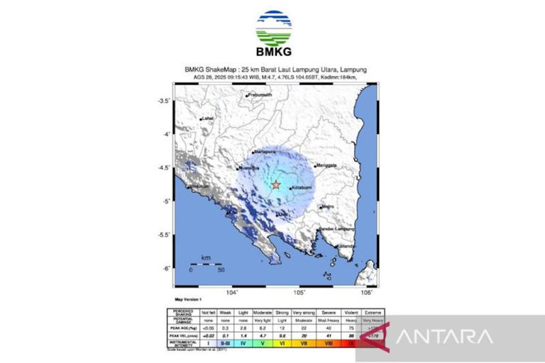 Gempa M 5,0 Guncang Lampung Utara, Tak Berpotensi Tsunami