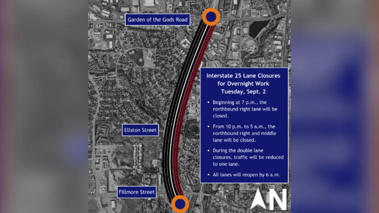Upcoming overnight closures on northbound I-25 in Colorado Springs