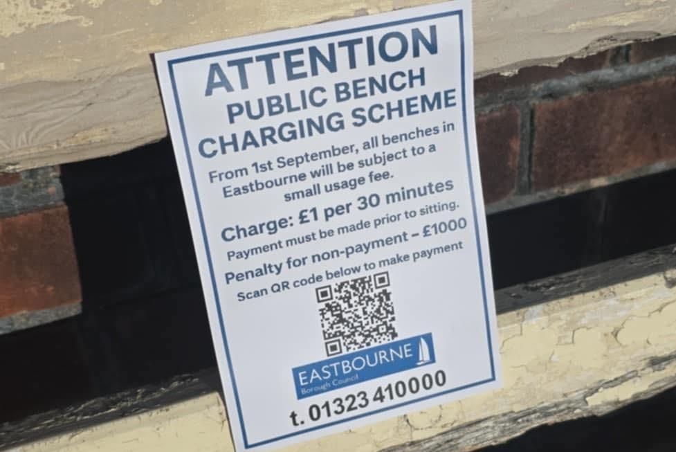 Eastbourne: Prank sign 'enforces' charge for sitting on benches