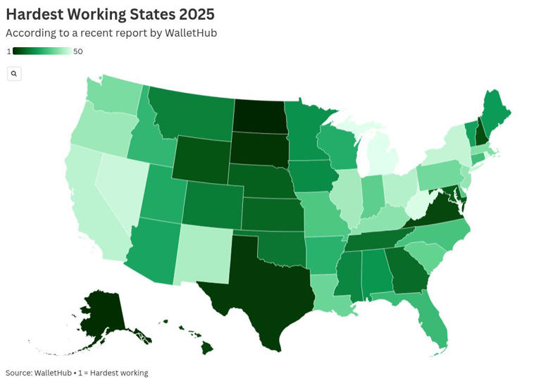 Map shows hardest working states in America in 2025