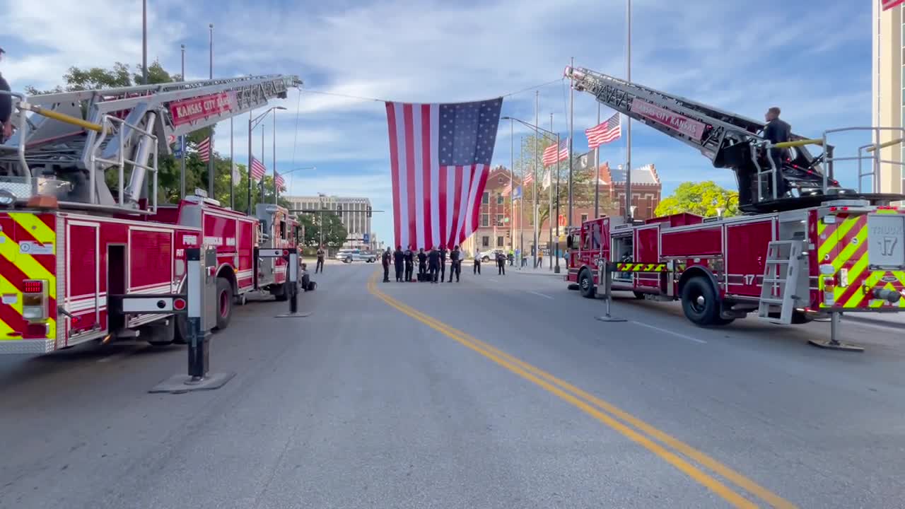 American flag being raised for Thursday's vigil for KCKPD Officer ...