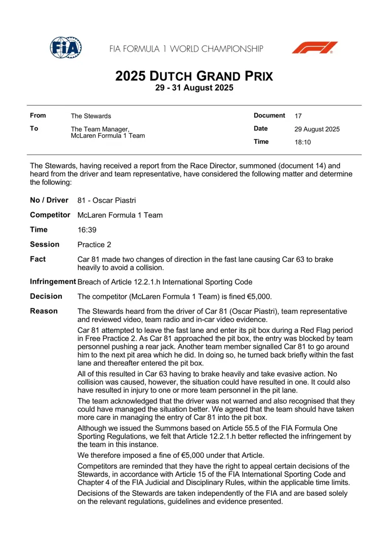 Piastri hears FIA stewards' verdict after causing dangerous incident