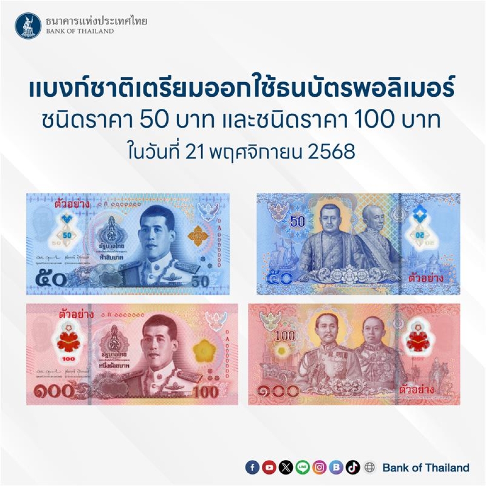 Thailand’s new 50- and 100-baht notes: Real, just plastic from Nov 2025