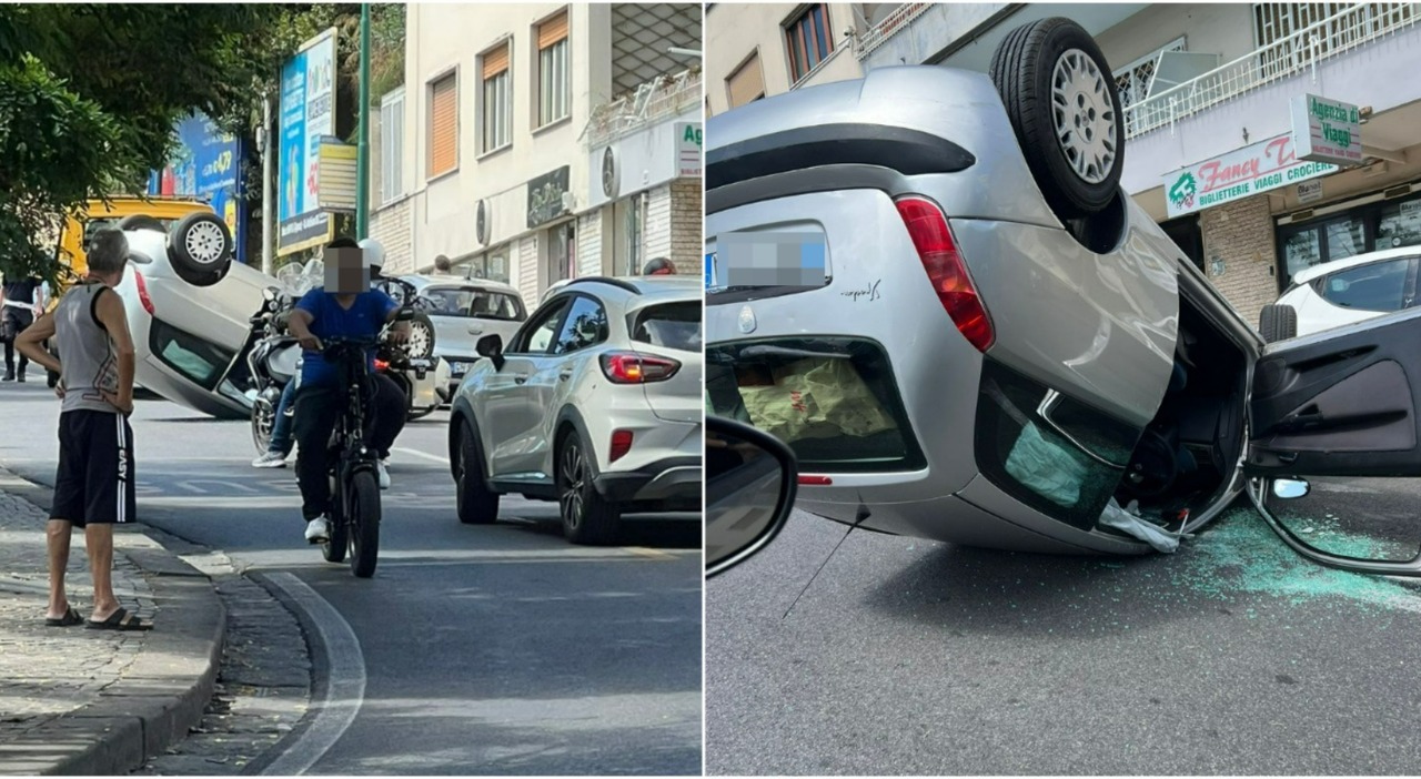 Napoli, incidente a Via Petrarca: auto si ribalta, traffico in tilt