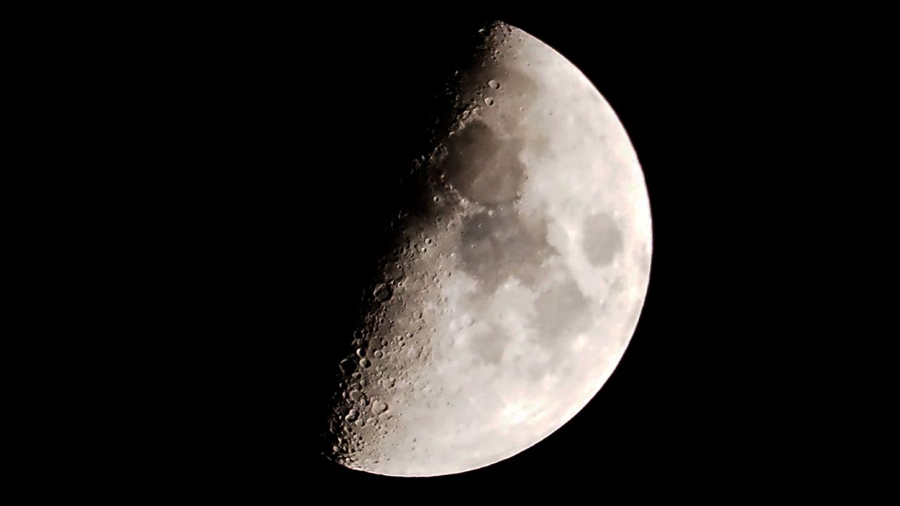 See the half-lit first quarter moon shine in the grasp of a celestial ...