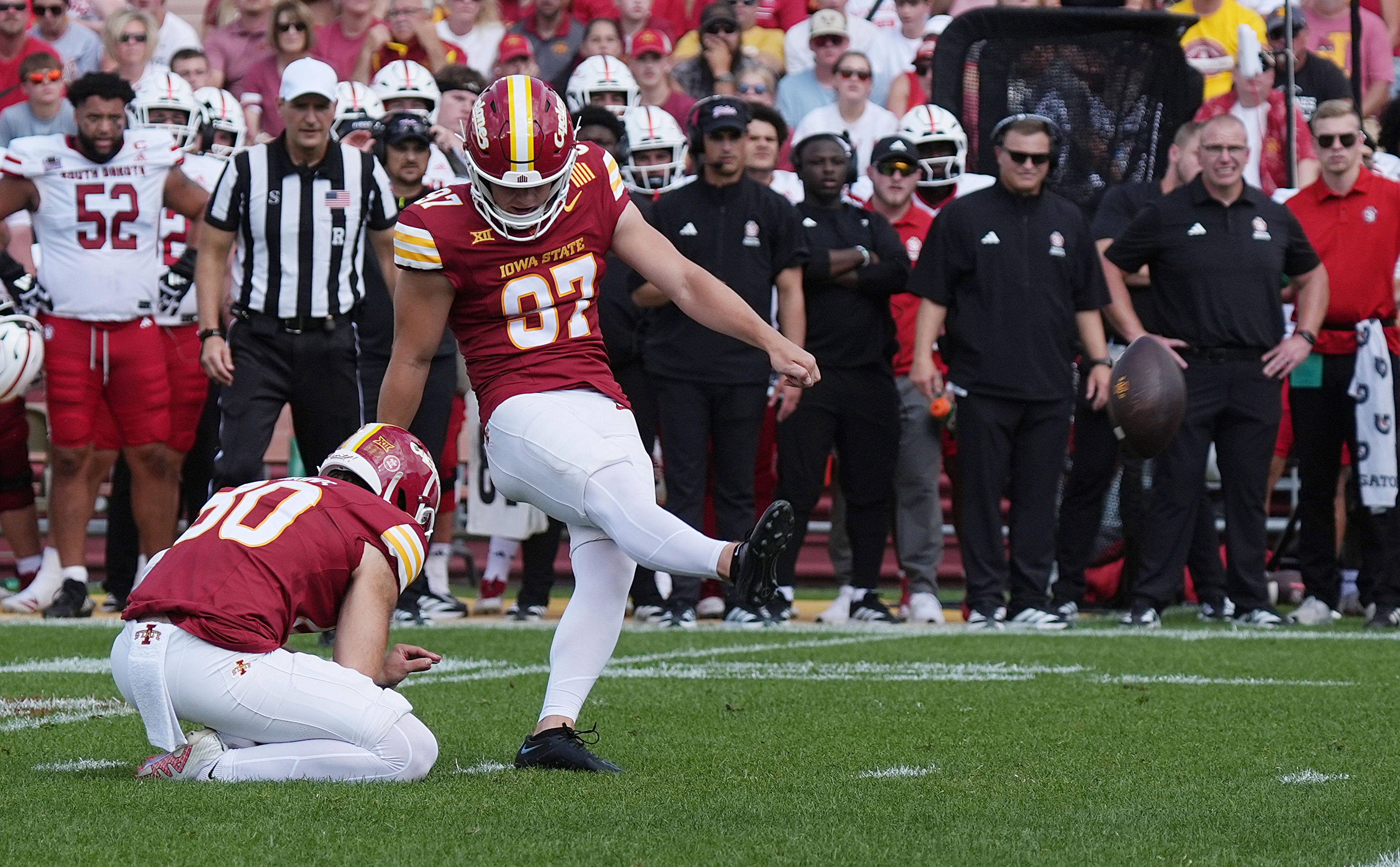 Iowa State football coach Matt Campbell provides Kyle Konrardy, Gabe ...