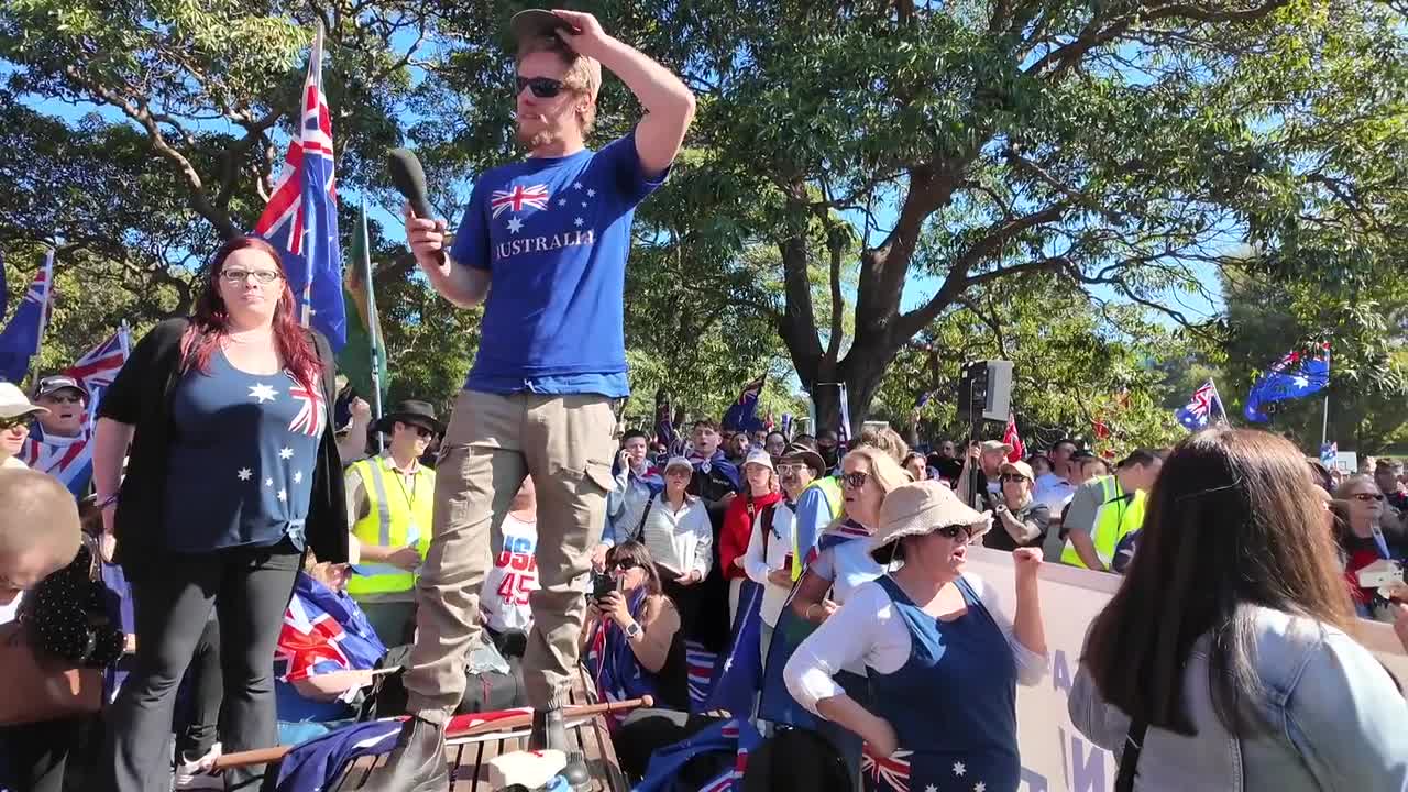 Bec Freedom speaks at the March for Australia protest in Sydney, Australia