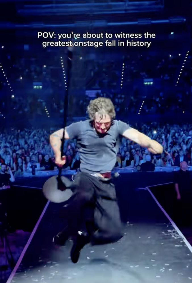 British popstar has 'greatest onstage fall in history'