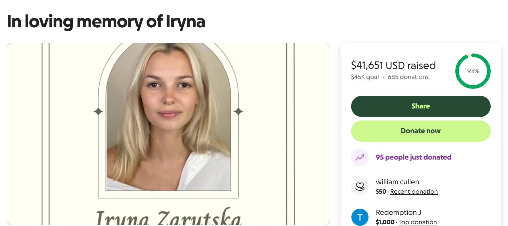 Murdered Ukrainian refugee Iryna Zarutska's GoFundMe draws many donors: 'Should be six figures ...