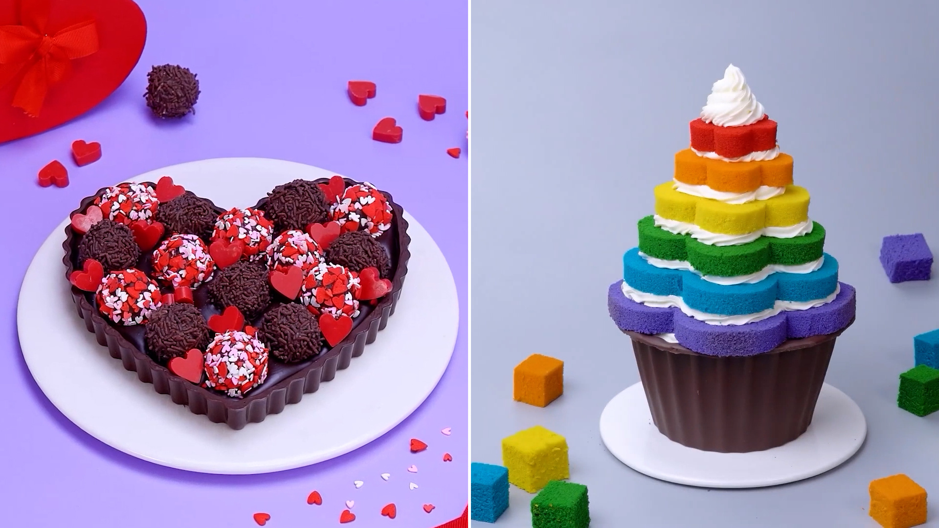 Heart-Shaped Chocolate Cake and Rainbow Cupcake