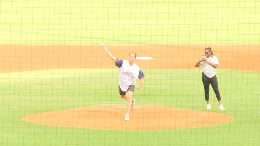 U.S. Congressman August Pfluger throws the first pitch at RockHounds game.