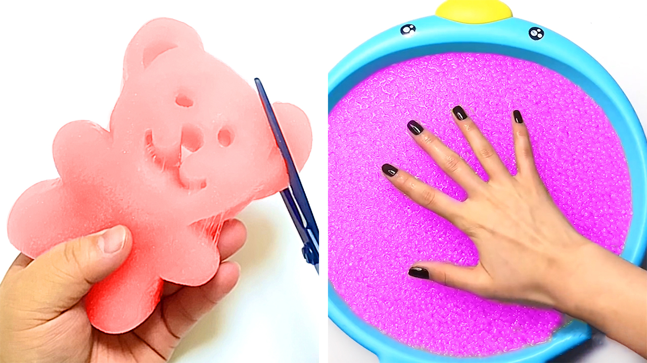 Esponja de osito y slime con perlas | ASMR