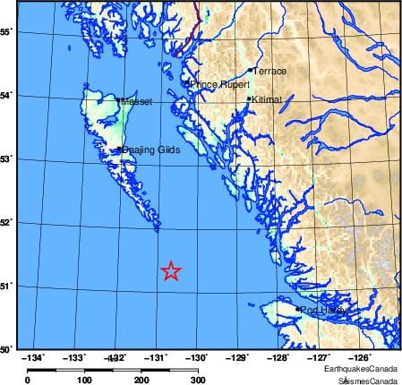 Magnitude 4.8 earthquake strikes south of Haida Gwaii, no damage expected
