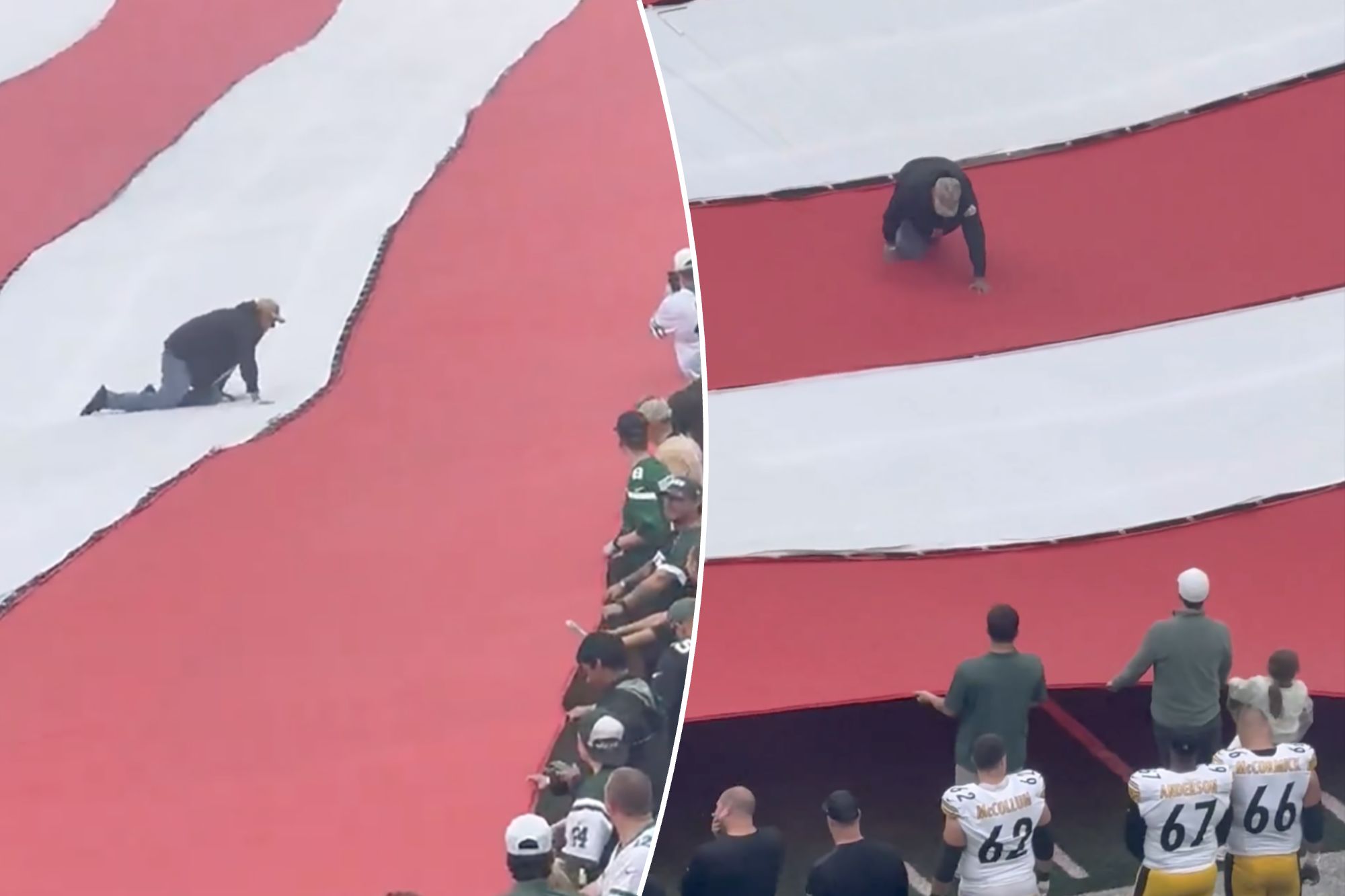 Fan gets stuck on top of massive American flag before Jets-Steelers game