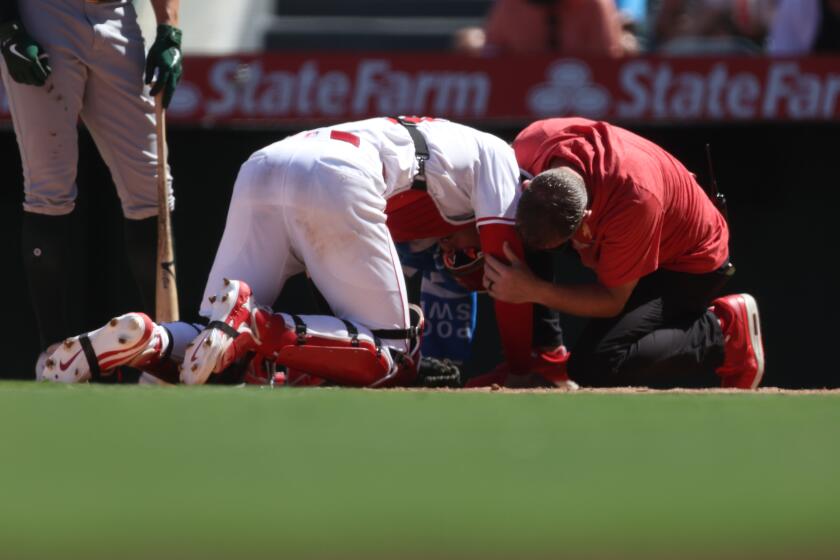 Logan O'Hoppe takes backswing to chin in Angels' win over Athletics