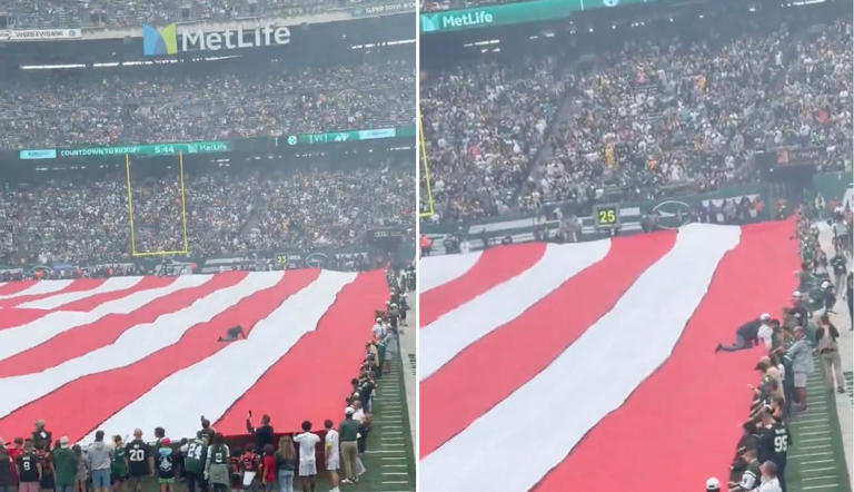 Man Gets Stuck on Giant American Flag at Jets-Steelers Game Before National Anthem