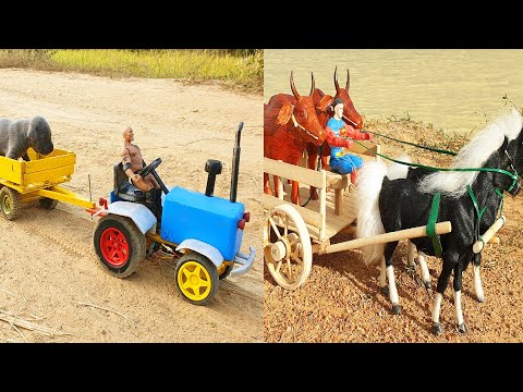 Make Mini Tractor From Wood With 4 Trailers and Puppies and Make Horse Cart From Wood