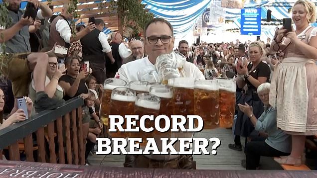 German tries to break world record for most carried beer mugs
