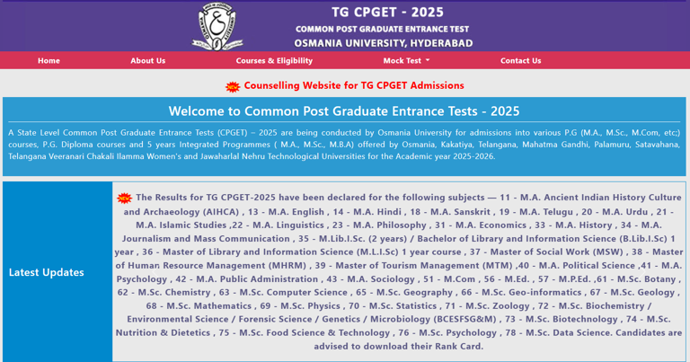 TG CPGET 2025: TGCHE Declared TS CPGET Rank Card at cpget.tgche.ac.in/; Download Subject Wise ...