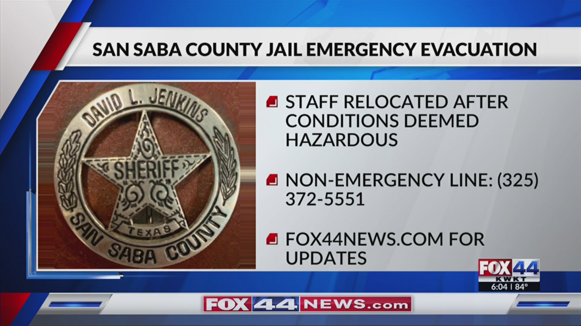 San Saba County Jail facility evacuated due to hazardous conditions