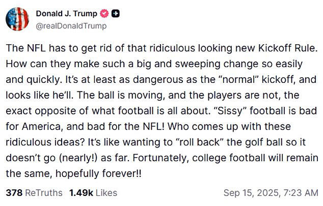 Donald Trump slams NFL's 'sissy football' and says controversial rule ...