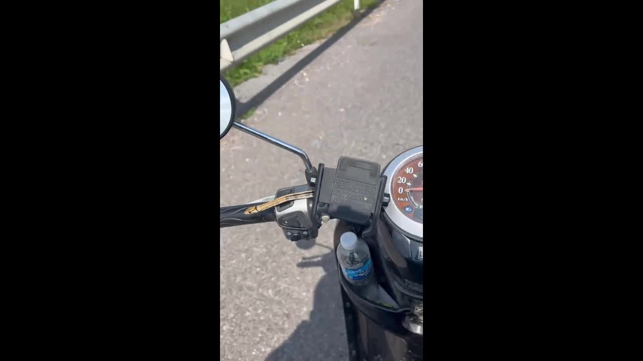 Snake emerges on motorcycle handlebars while riding