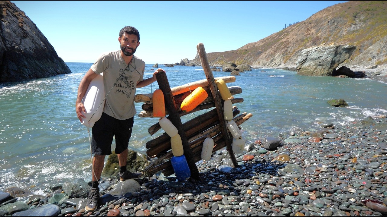 Constructing a raft with driftwood and scavenged crab floats