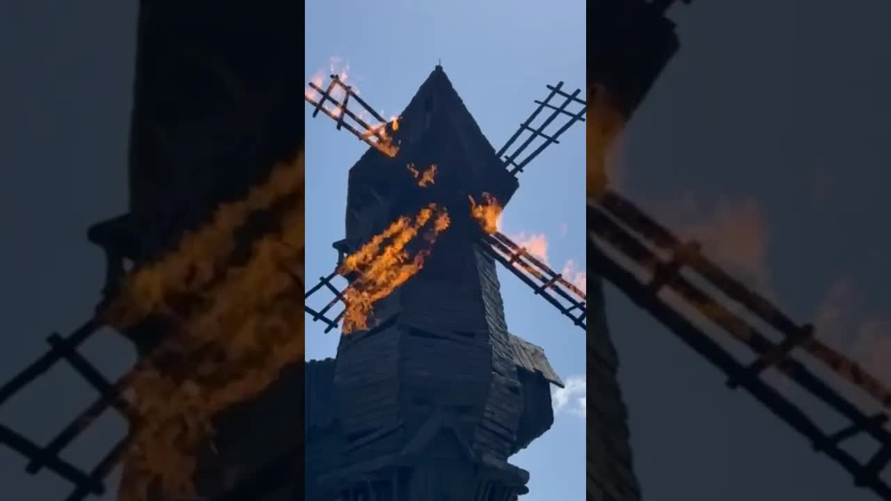 frankenstein windmill ablaze at universal epic universe