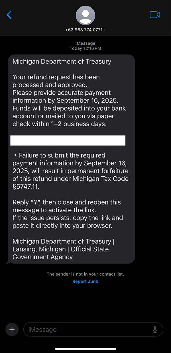 Michigan Treasury Department warns of tax refund text messaging scam